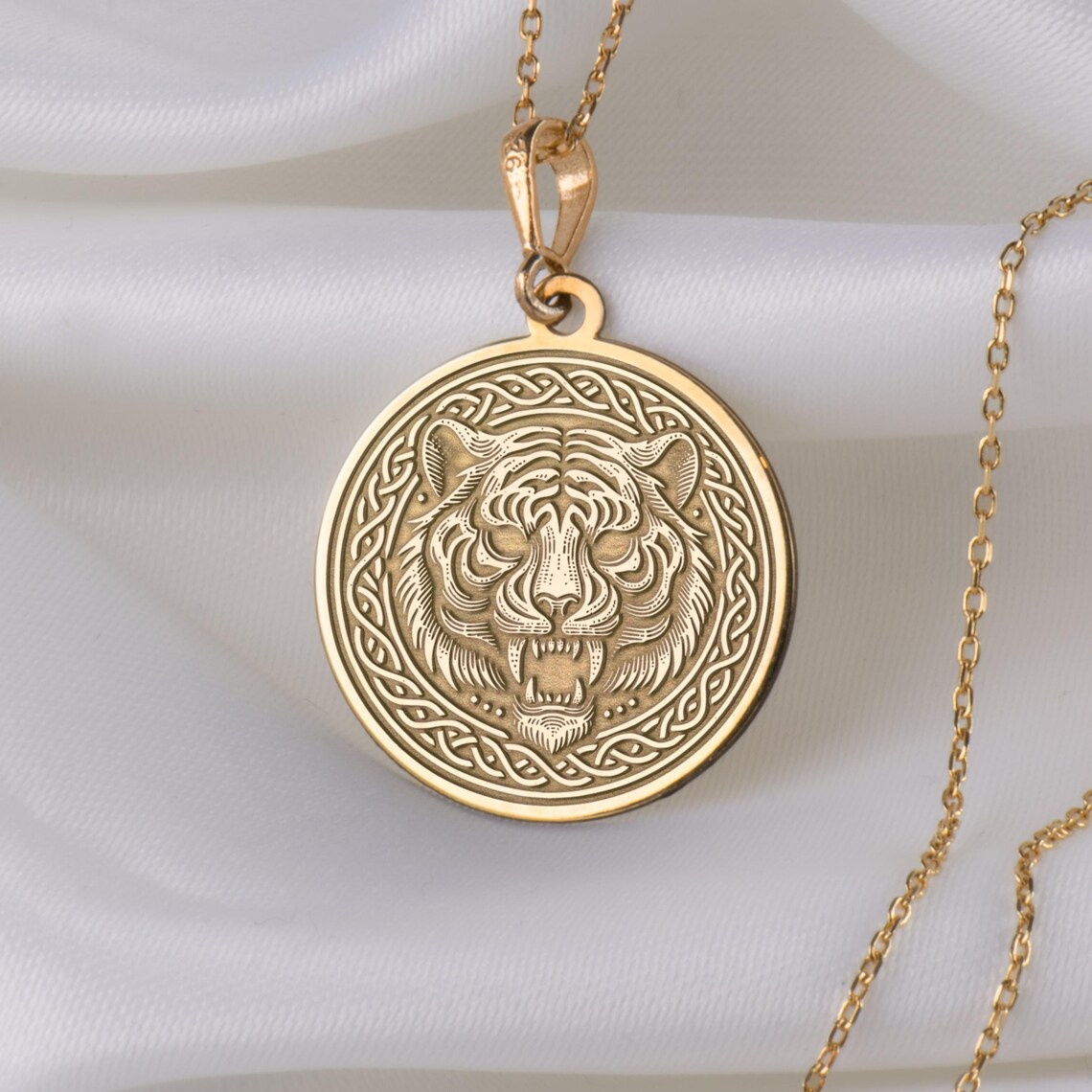 14K Solid Gold Celtic Tiger Necklace, Bold Tiger Pendant, Gold Animal ...