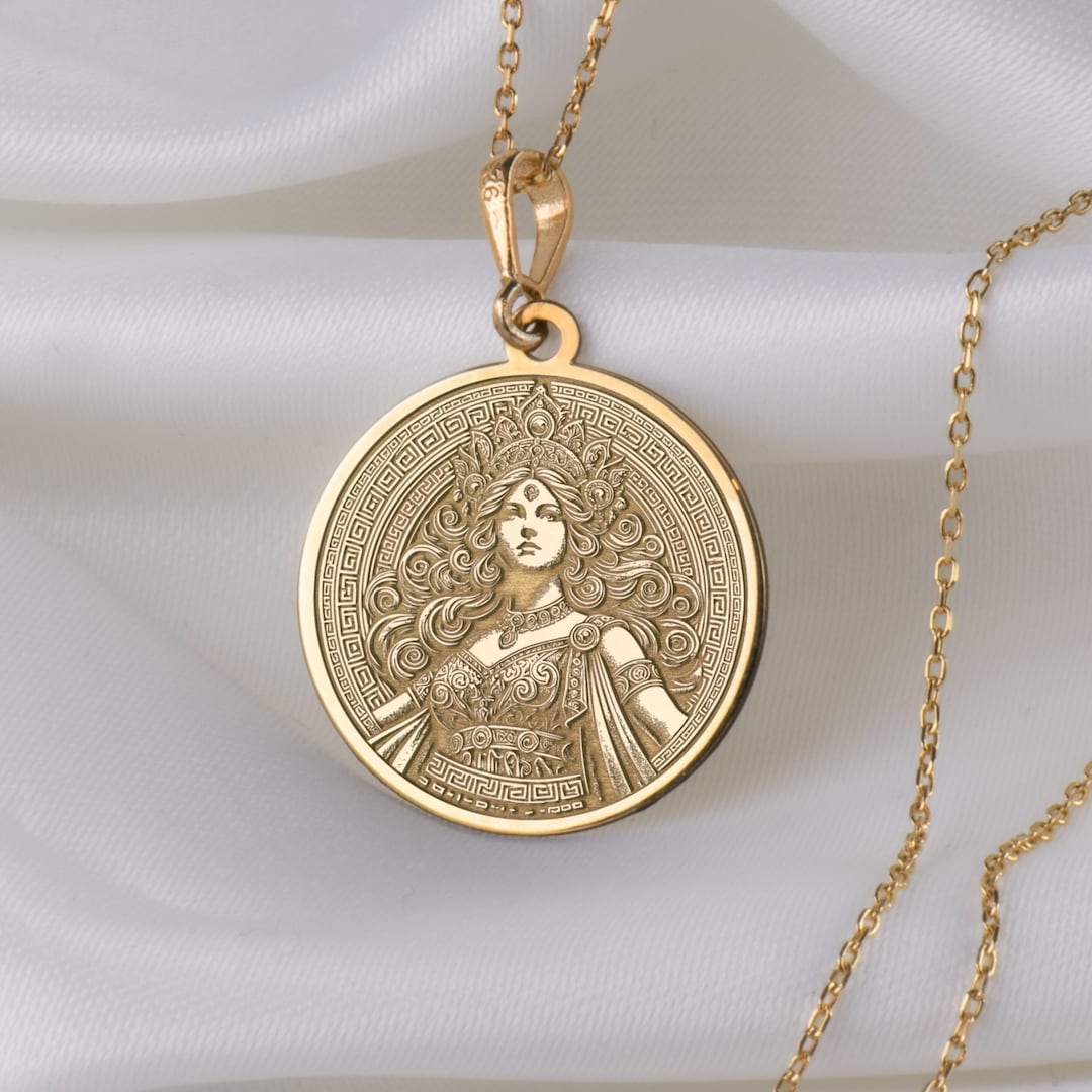 14K Solid Gold Greek Goddess Pendant, Regal Hera Necklace, Mythological ...