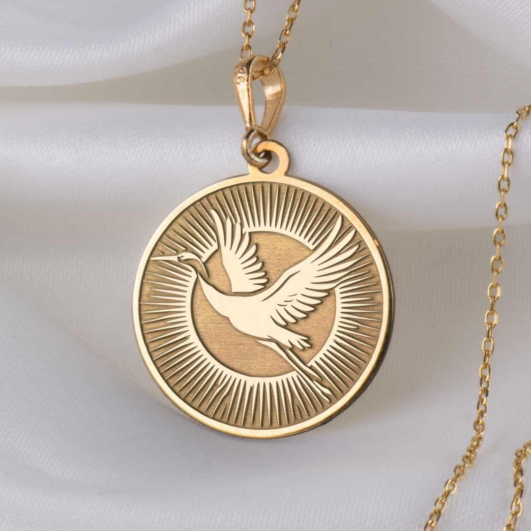 14K Solid Gold Crane Pendant, Flying Crane Necklace, Symbol of Peace ...