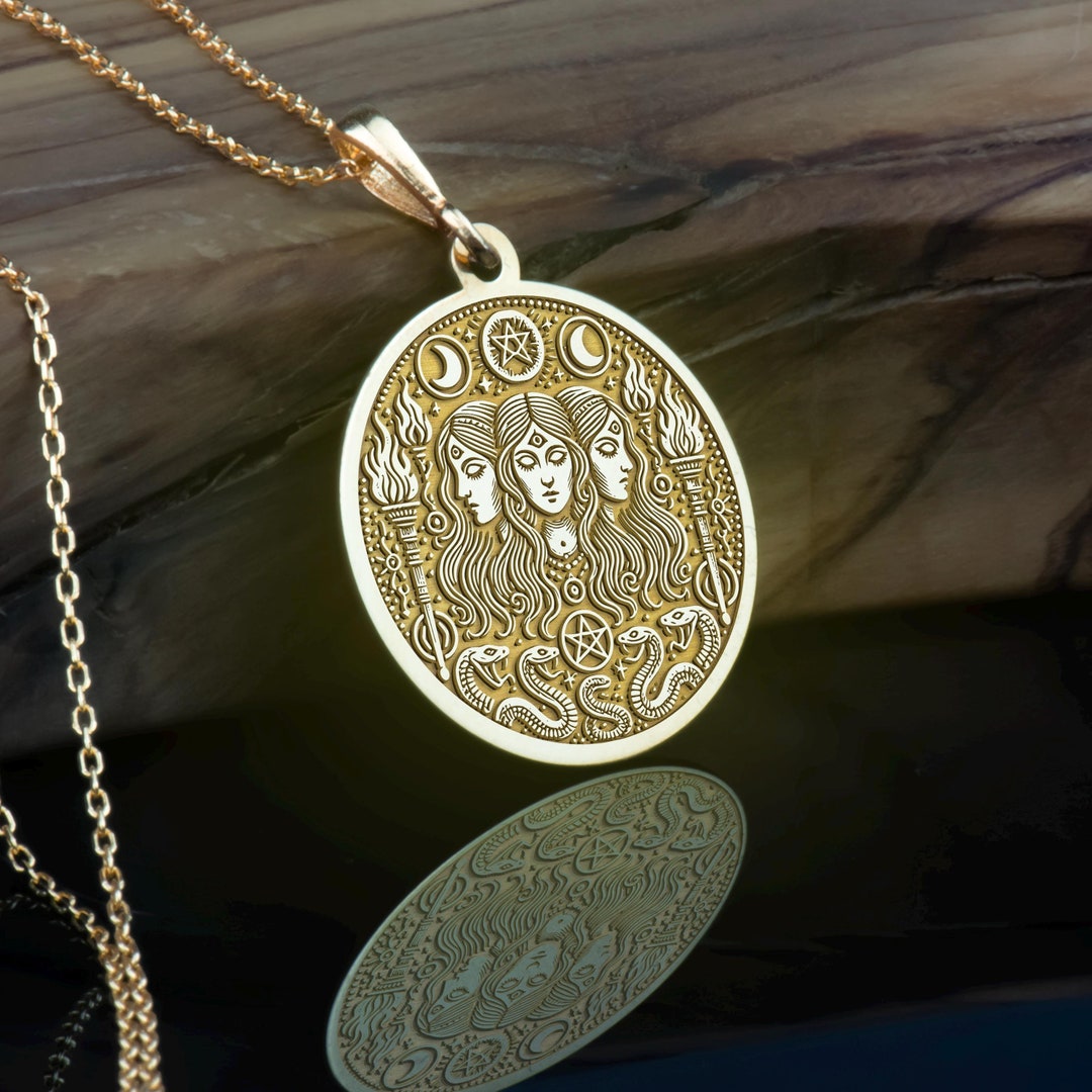 14K Gold Hecate Triple Moon Necklace Rose Gold Witch Pendant Silver ...