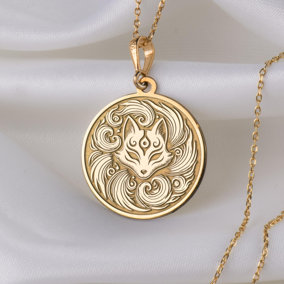 14K Solid Gold Kitsune Mask Pendant, Mythical Fox Spirit Necklace ...