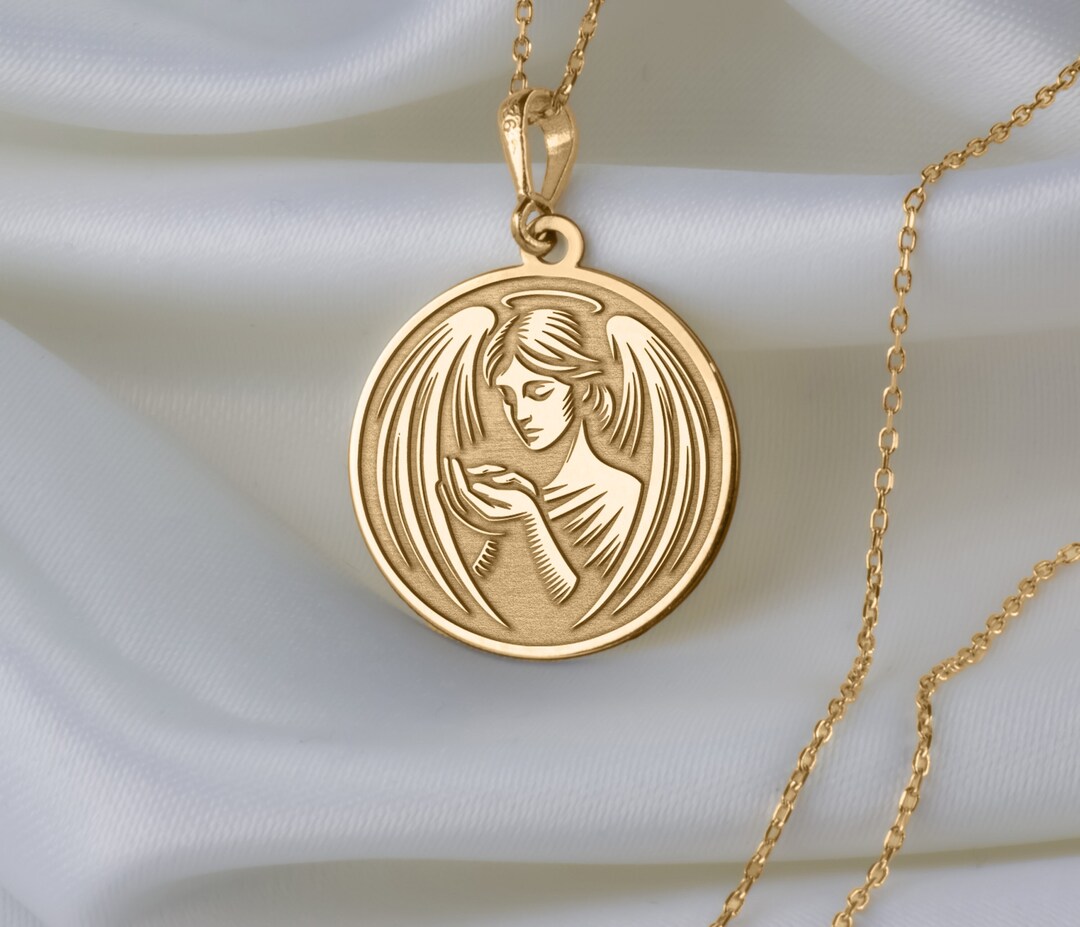 14K Solid Gold Angel Necklace, Guardian Angel Charm, Caring Angel ...