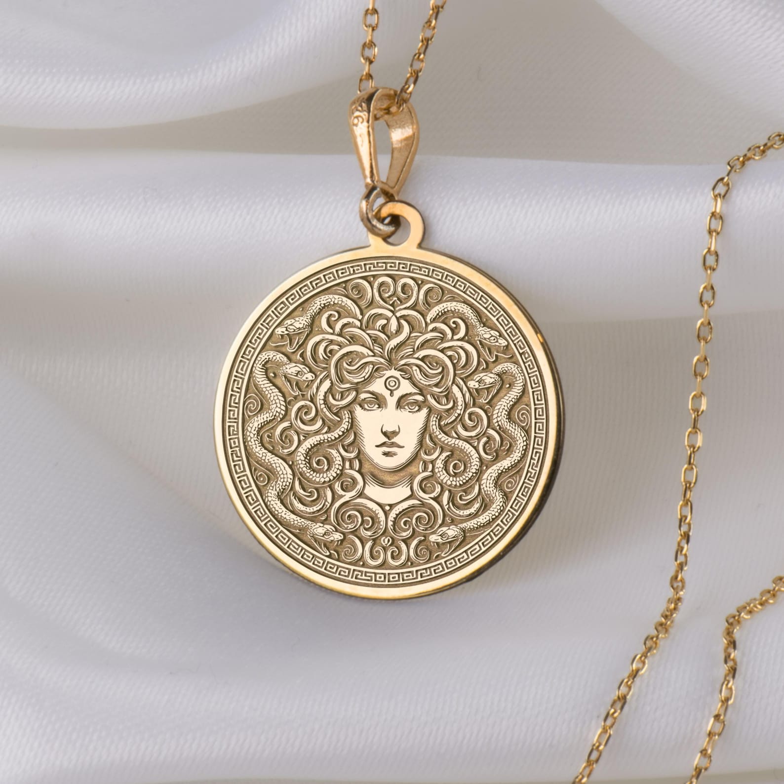 14K Solid Gold Medusa Pendant, Greek Mythology Necklace, Snake Hair ...