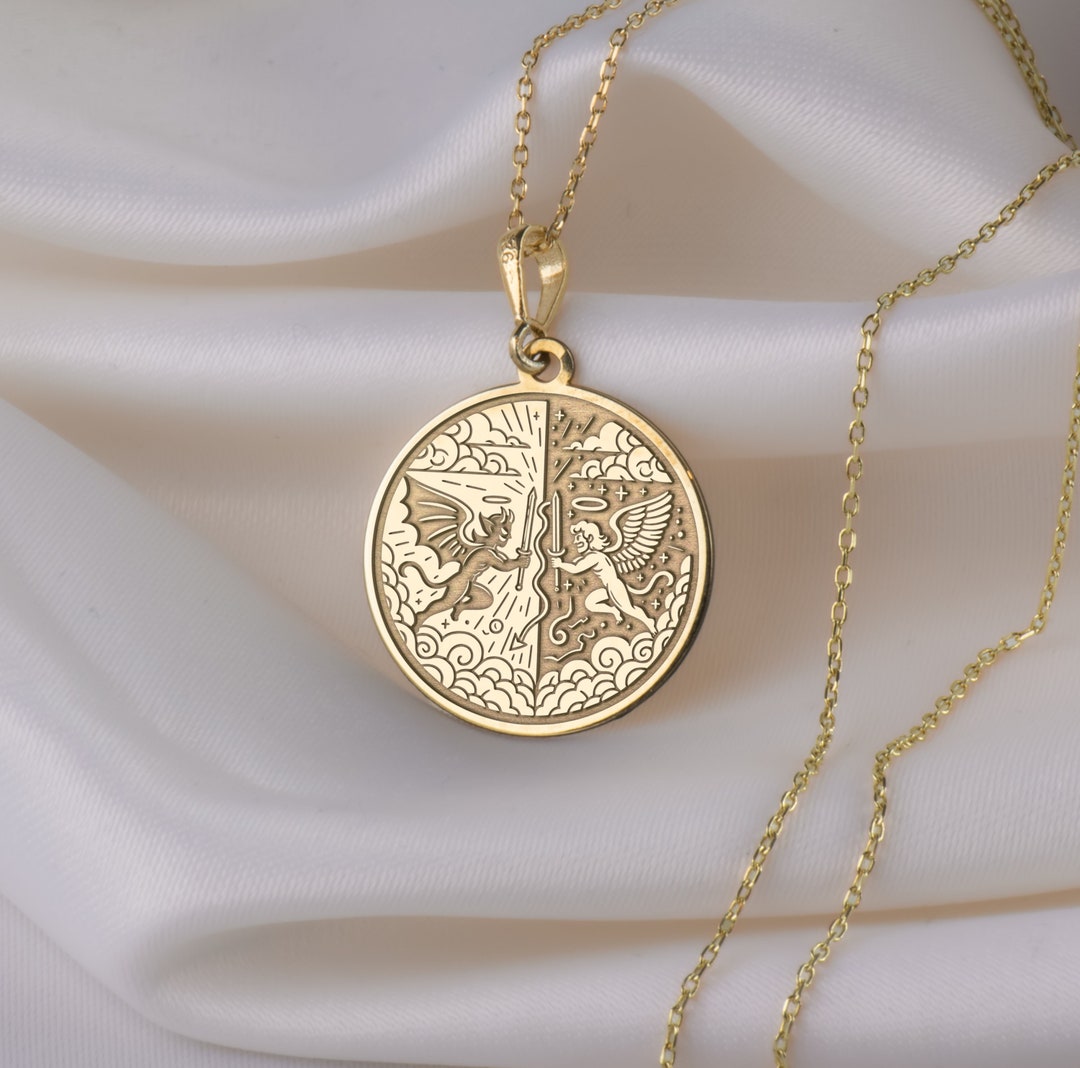 14K Solid Gold Angels & Demons Necklace, Angels and Demons Necklace ...