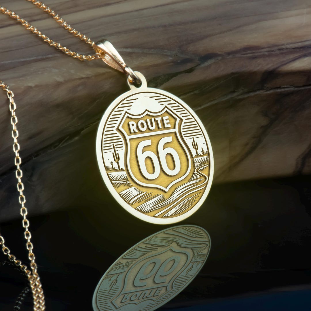 14K Solid Gold Route 66 Necklace, Highway Road Sign Pendant, American ...