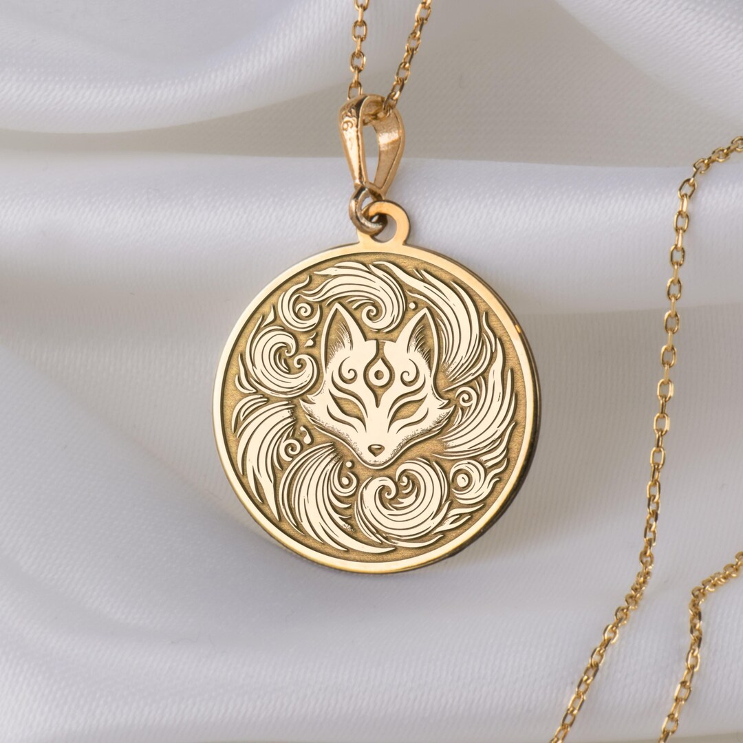 14K Solid Gold Kitsune Mask Pendant, Mythical Fox Spirit Necklace ...