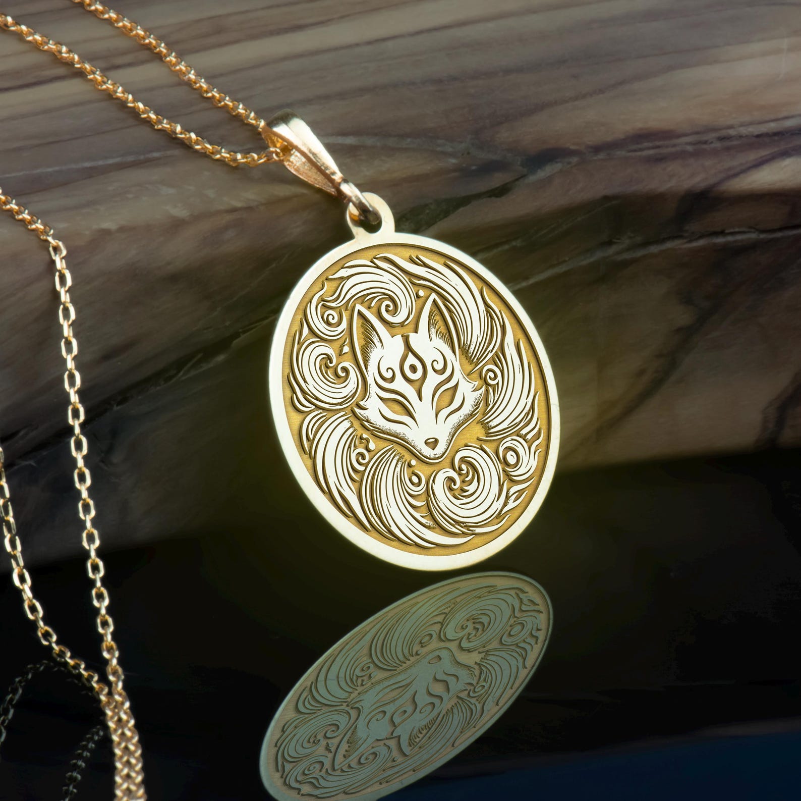 14K Solid Gold Kitsune Mask Pendant, Mythical Fox Spirit Necklace ...