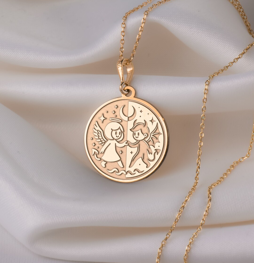 14K Solid Gold Personalized Angels&demons Edition Necklace, Good and ...