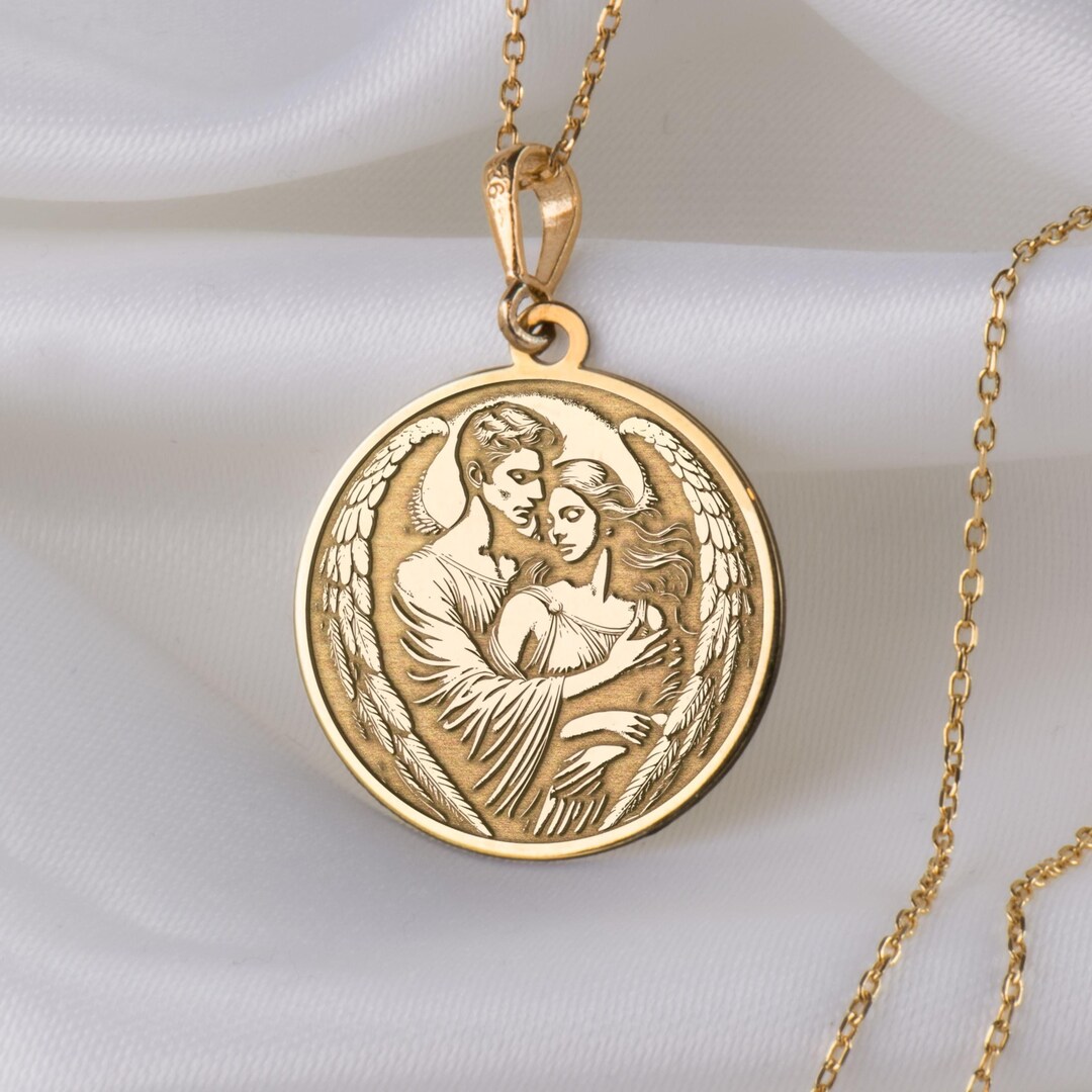 14K Solid Gold Angel Lovers Pendant, Romantic Angel Necklace, Love and ...