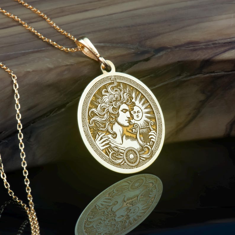 14K Solid Gold Apollo Pendant, Greek Sun God Necklace, Mythological ...