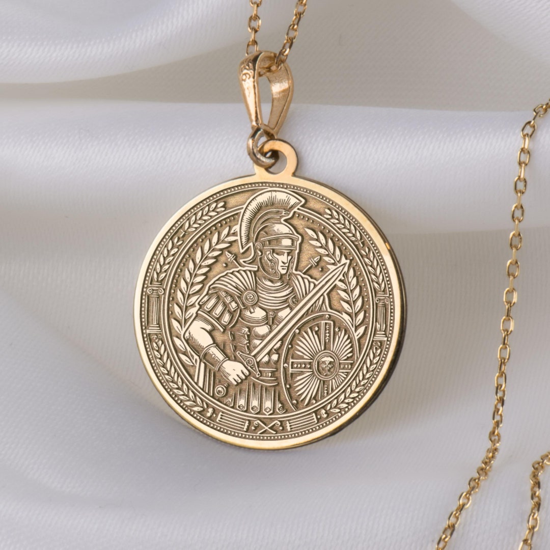 14K Solid Gold Roman Warrior Pendant Necklace, Ancient Rome Inspired ...