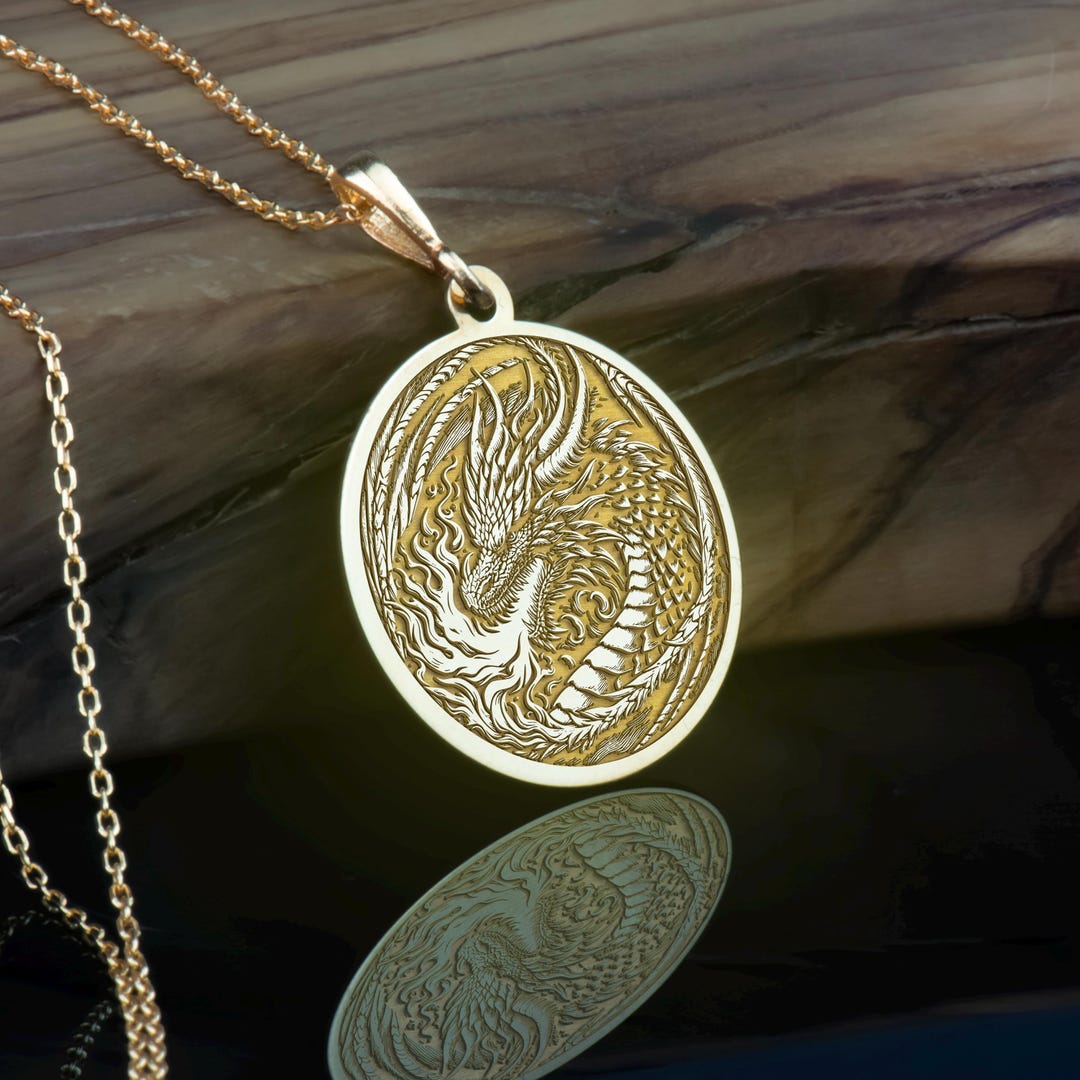 14K Solid Gold Dragon Necklace, Silver Mythical Dragon Pendant, Silver ...