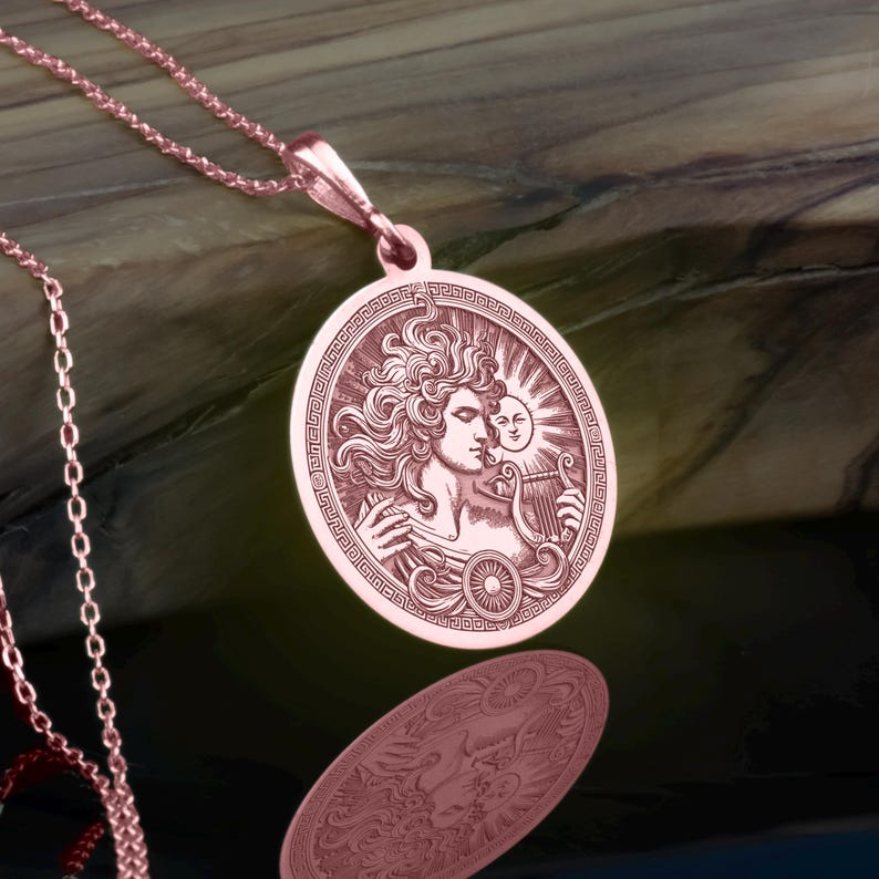14K Solid Gold Apollo Pendant, Greek Sun God Necklace, Mythological ...