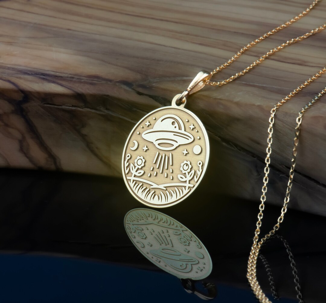 14K Solid Gold UFO Necklace, Silver Alien Charm, Personalized Alien UFO ...