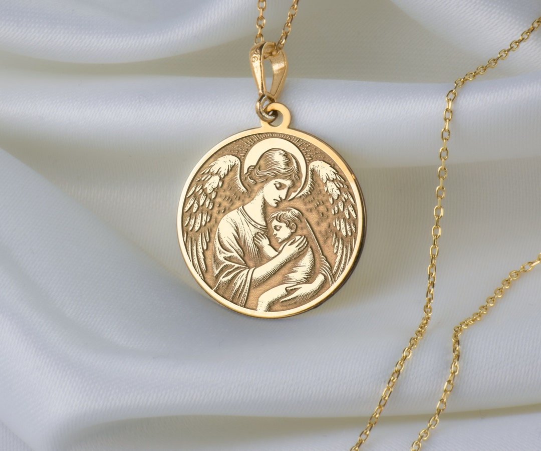 14K Solid Gold Angel Necklace, Guardian Angel Charm, Caring Angel ...