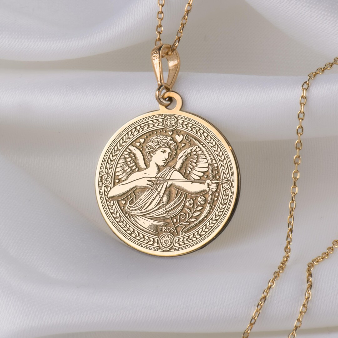 14K Solid Gold Eros Pendant Necklace, Cupid Charm Necklace, Mythology ...