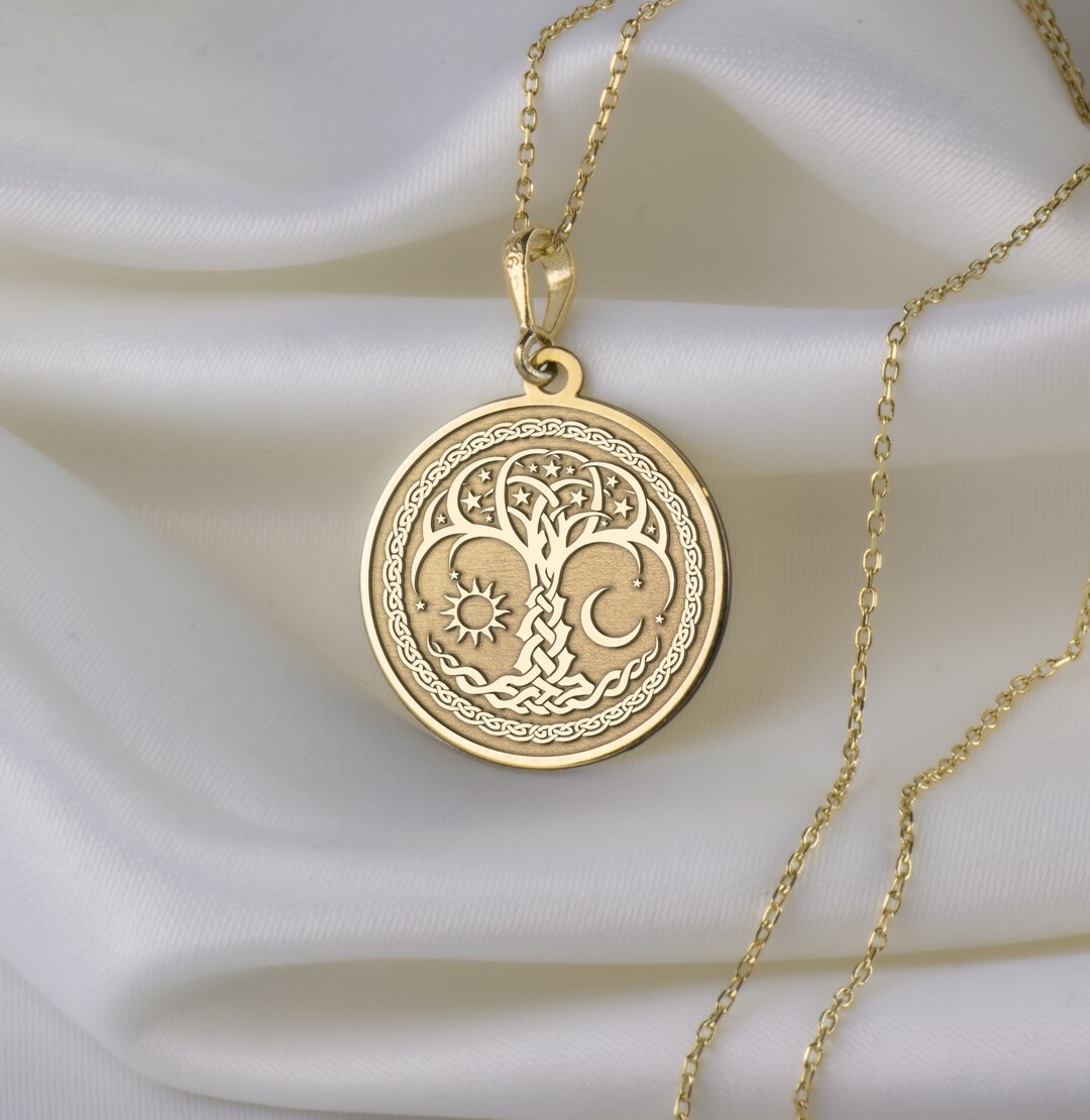 14K Solid Gold Tree of Life Day and Night Necklace, Silver Personalized ...