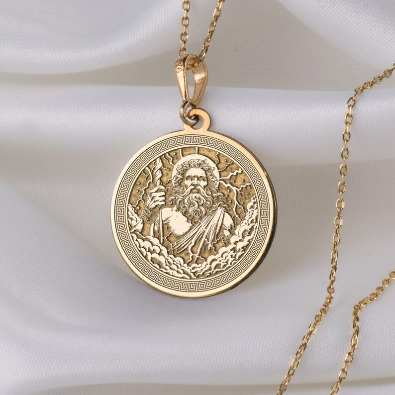 14K Gold Zeus Pendant Necklace, Greek God Lightning Charm, Mythology ...