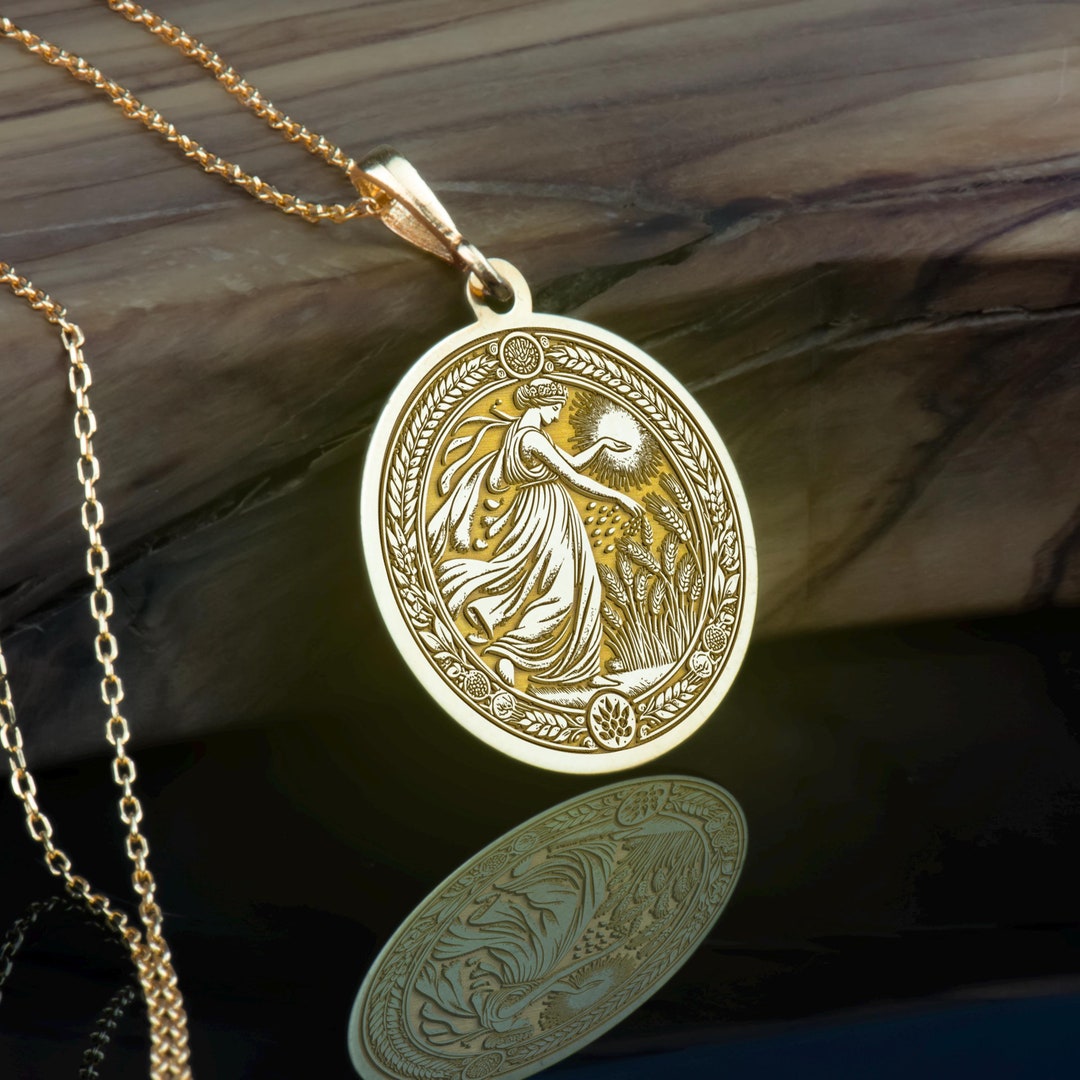 14K Solid Gold Demeter Pendant, Greek Goddess of Harvest Necklace ...