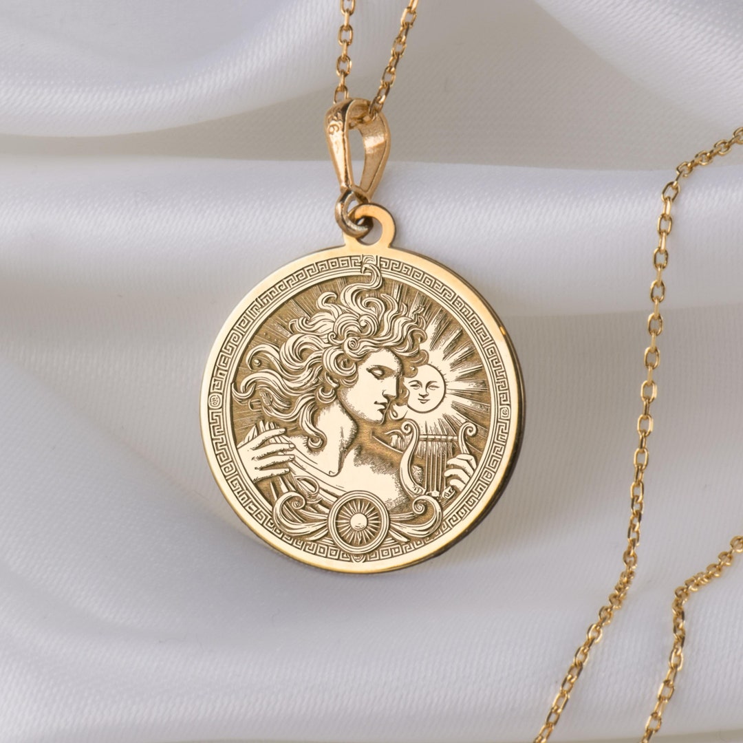 14K Solid Gold Apollo Pendant, Greek Sun God Necklace, Mythological ...