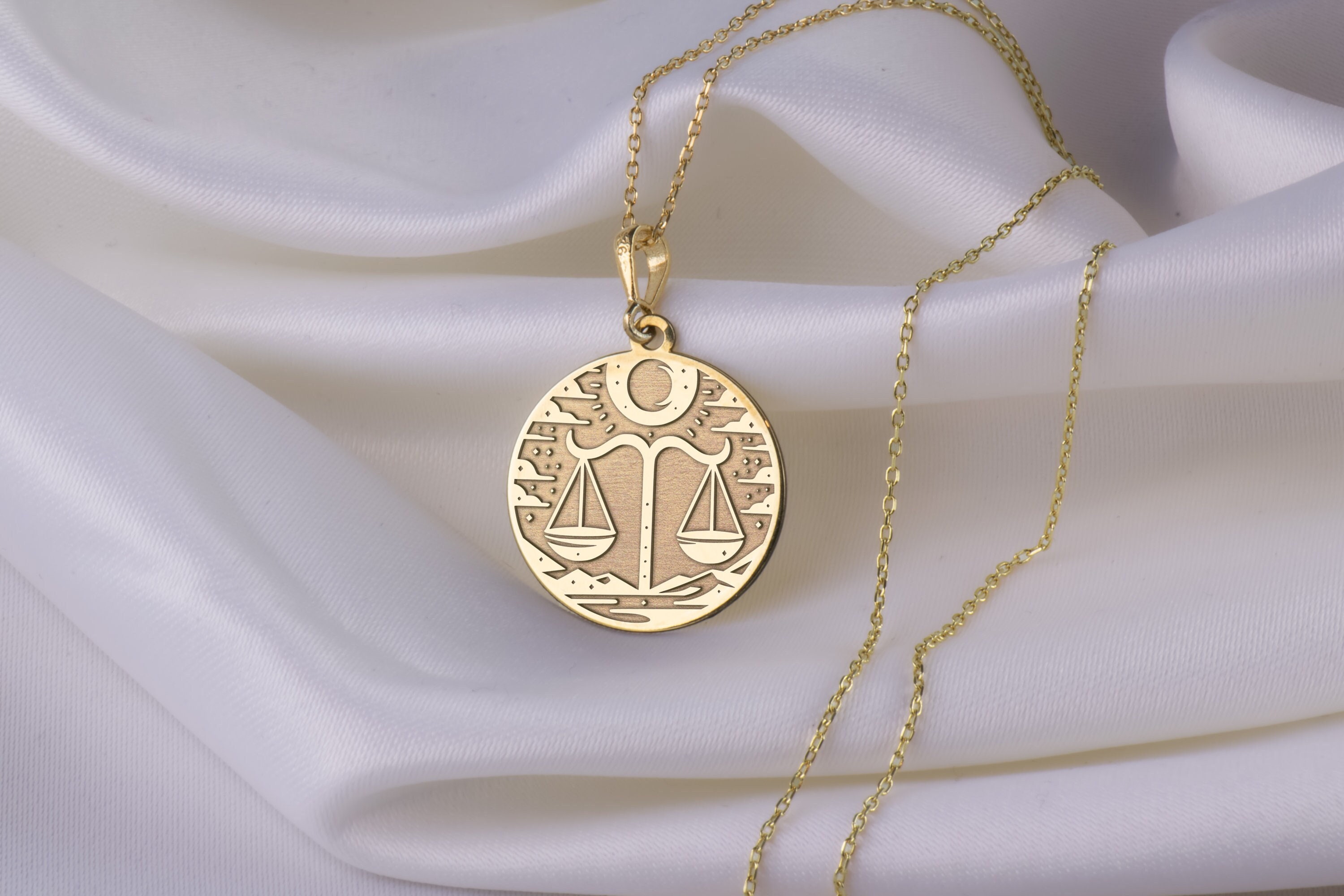 14K Solid Gold Libra Zodiac Sign Necklace, Horoscope Pendant, Silver ...