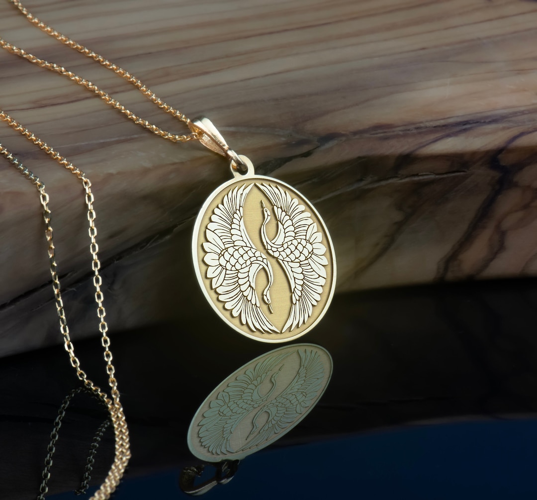 14K Solid Gold Crane Necklace, Silver Cranes Charm, Personalized Couple ...