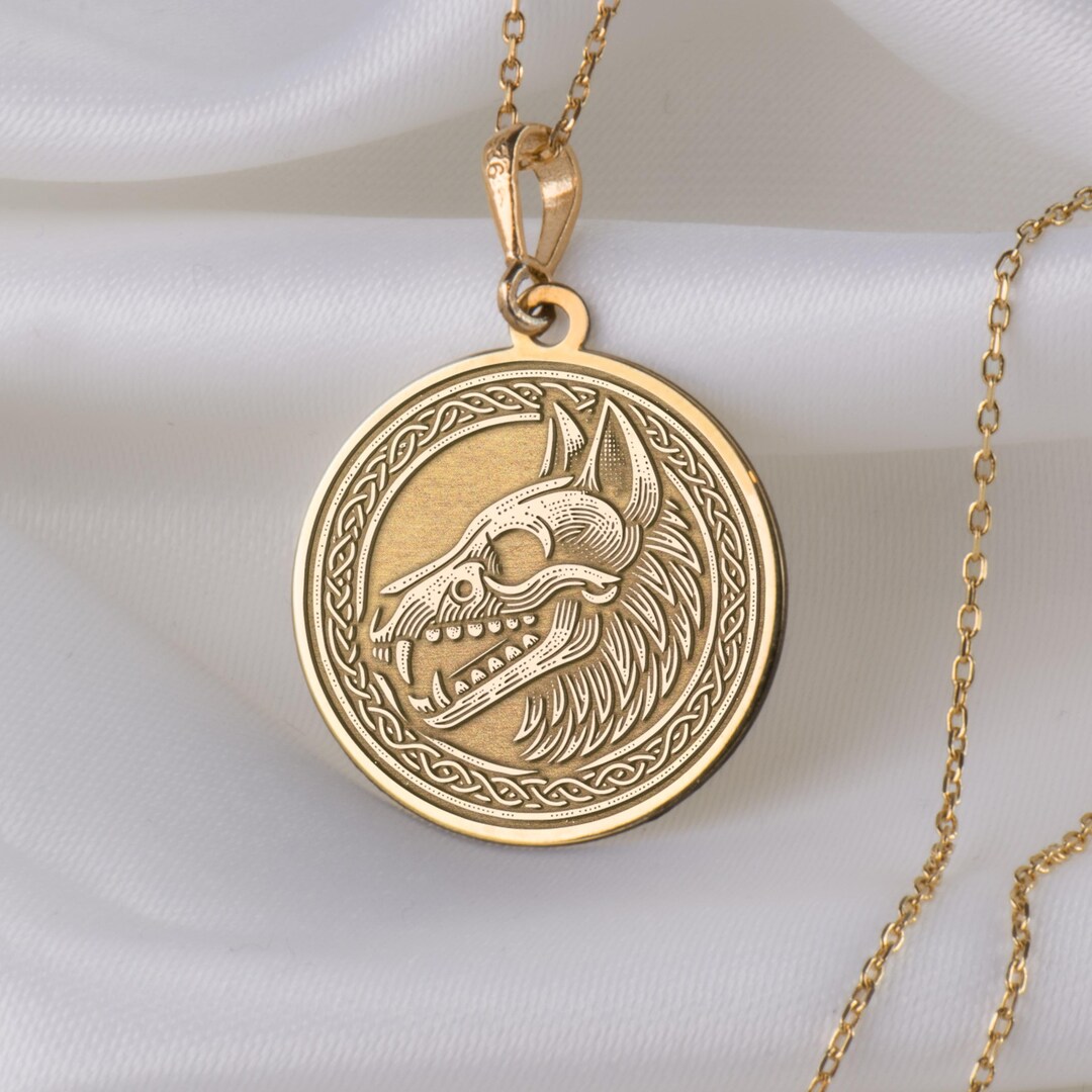14K Solid Gold Celtic Wolf Pendant Necklace, Wolf Charm Necklace ...