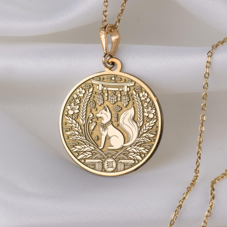 14K Solid Gold Inari Fox Necklace, Silver Kitsune Pendant, Shinto ...