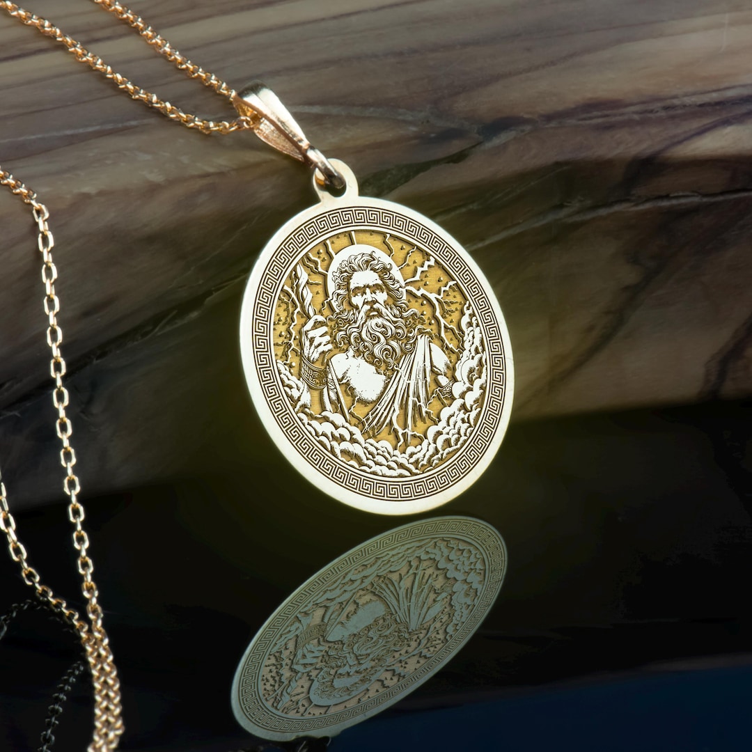 14K Gold Zeus Pendant Necklace, Greek God Lightning Charm, Mythology ...
