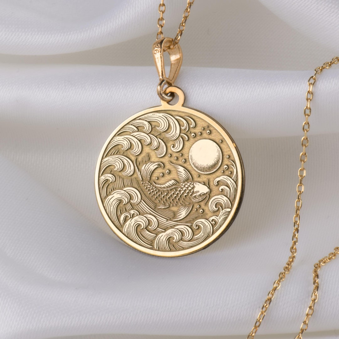 14K Solid Gold Koi Fish Moonlit Charm Necklace, Symbol of Resilience ...