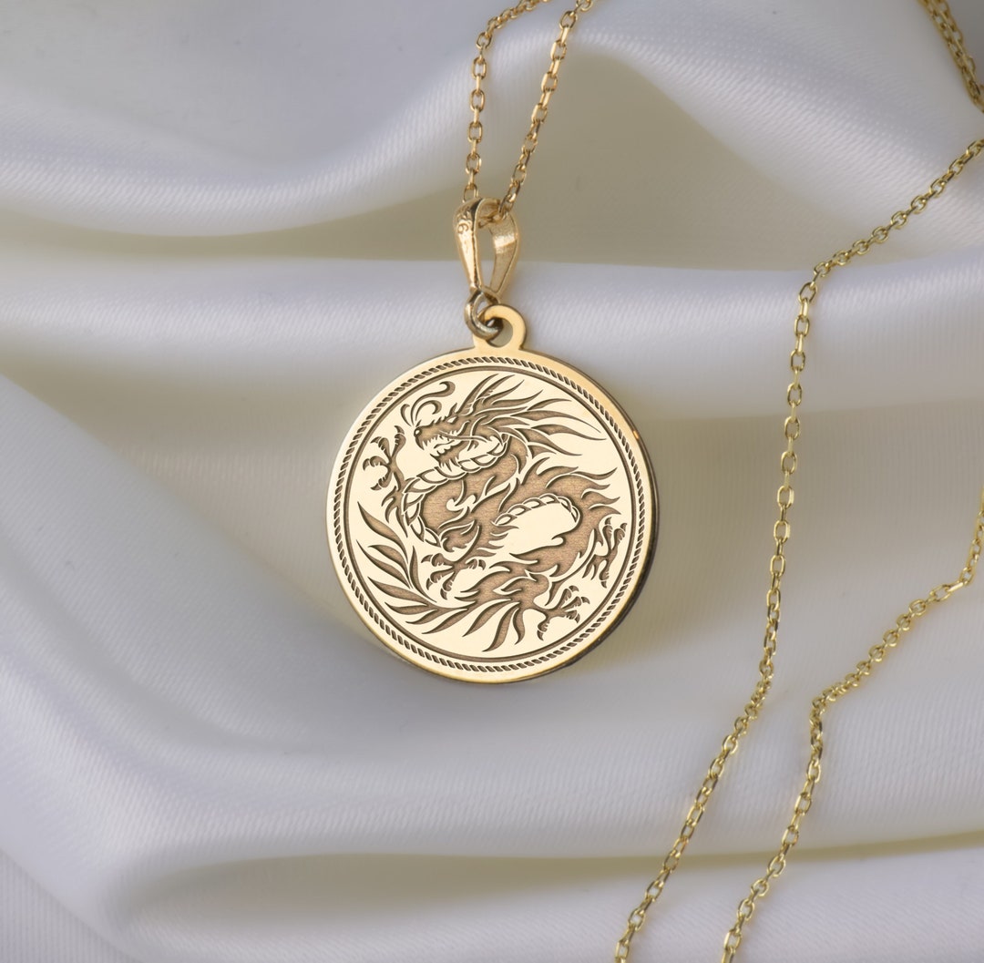 14K Solid Gold Mythical Dragon Necklace, Silver Mythical Dragon ...