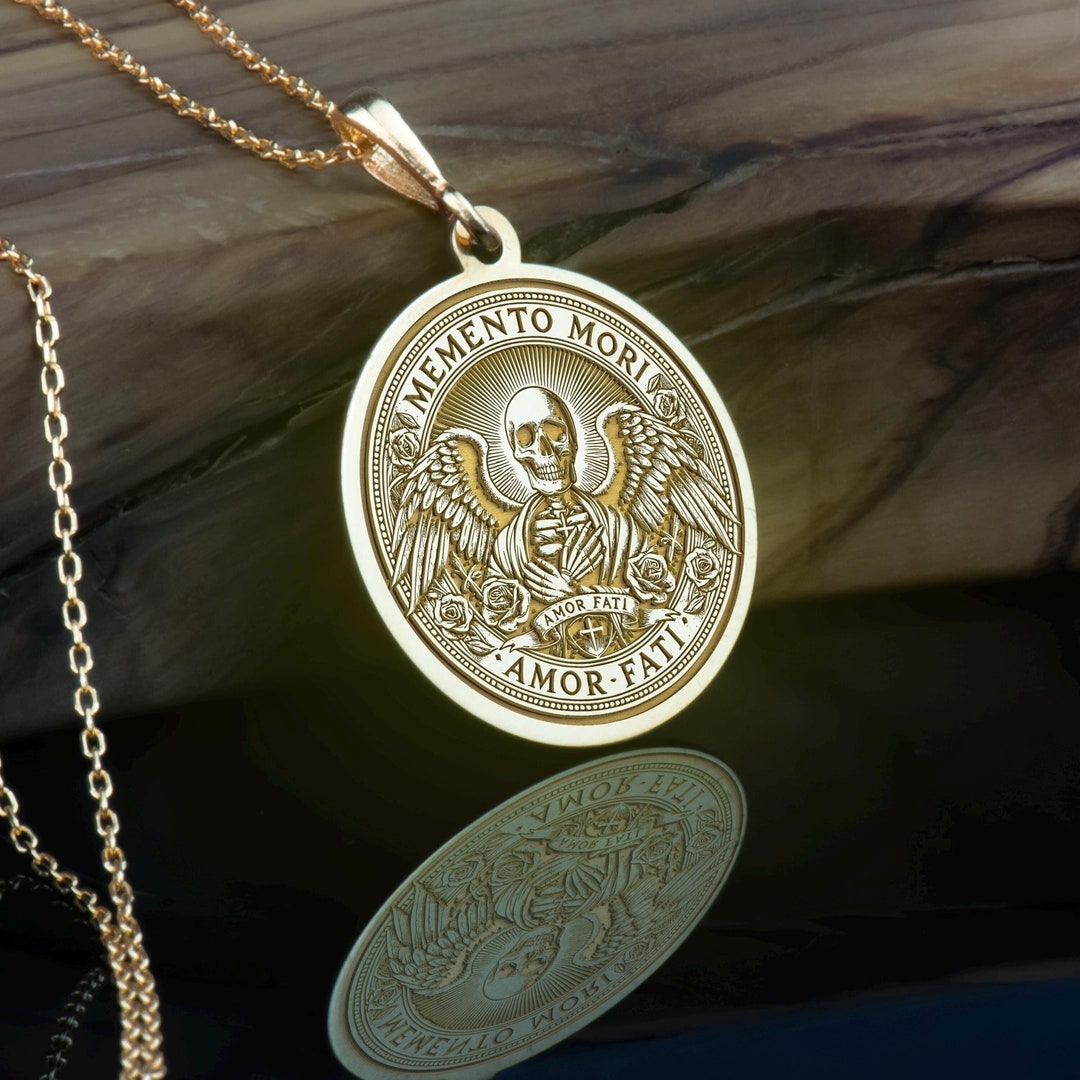 14K Gold Memento Mori Necklace With Winged Skull Pendant, Gothic ...