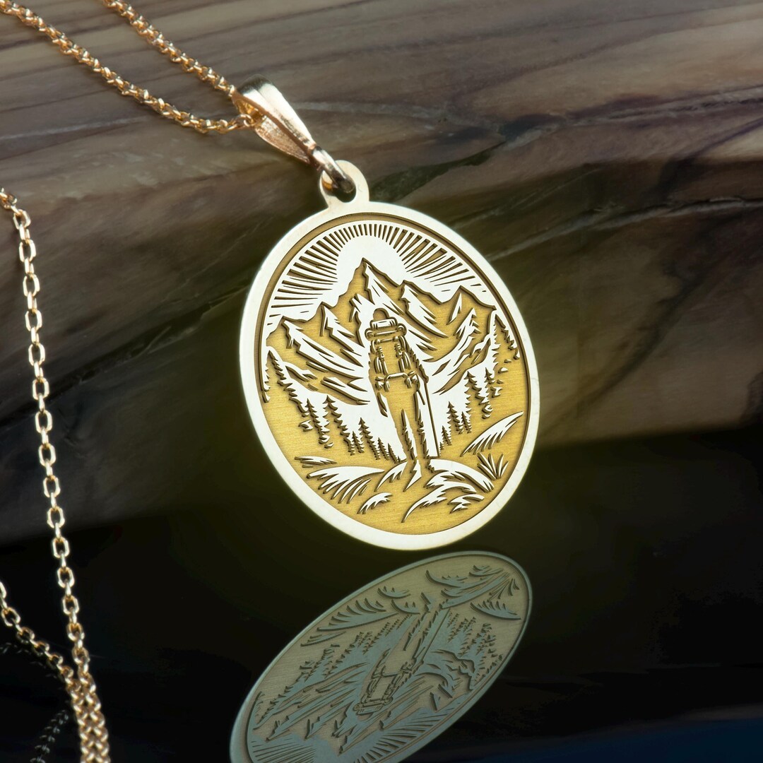 14K Gold Adventure Necklace, Mountain Traveler Pendant, Nature-inspired ...