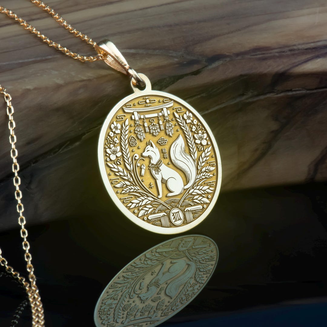 14K Solid Gold Inari Fox Necklace, Silver Kitsune Pendant, Shinto ...