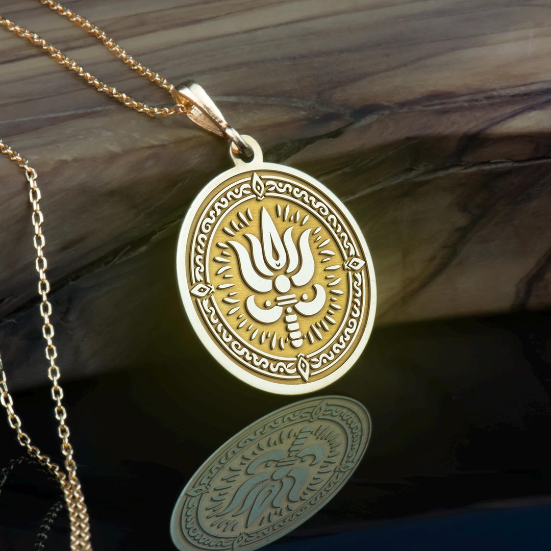 14K Solid Gold Trishul Necklace, Hindu Trident Pendant Shiva Symbol ...