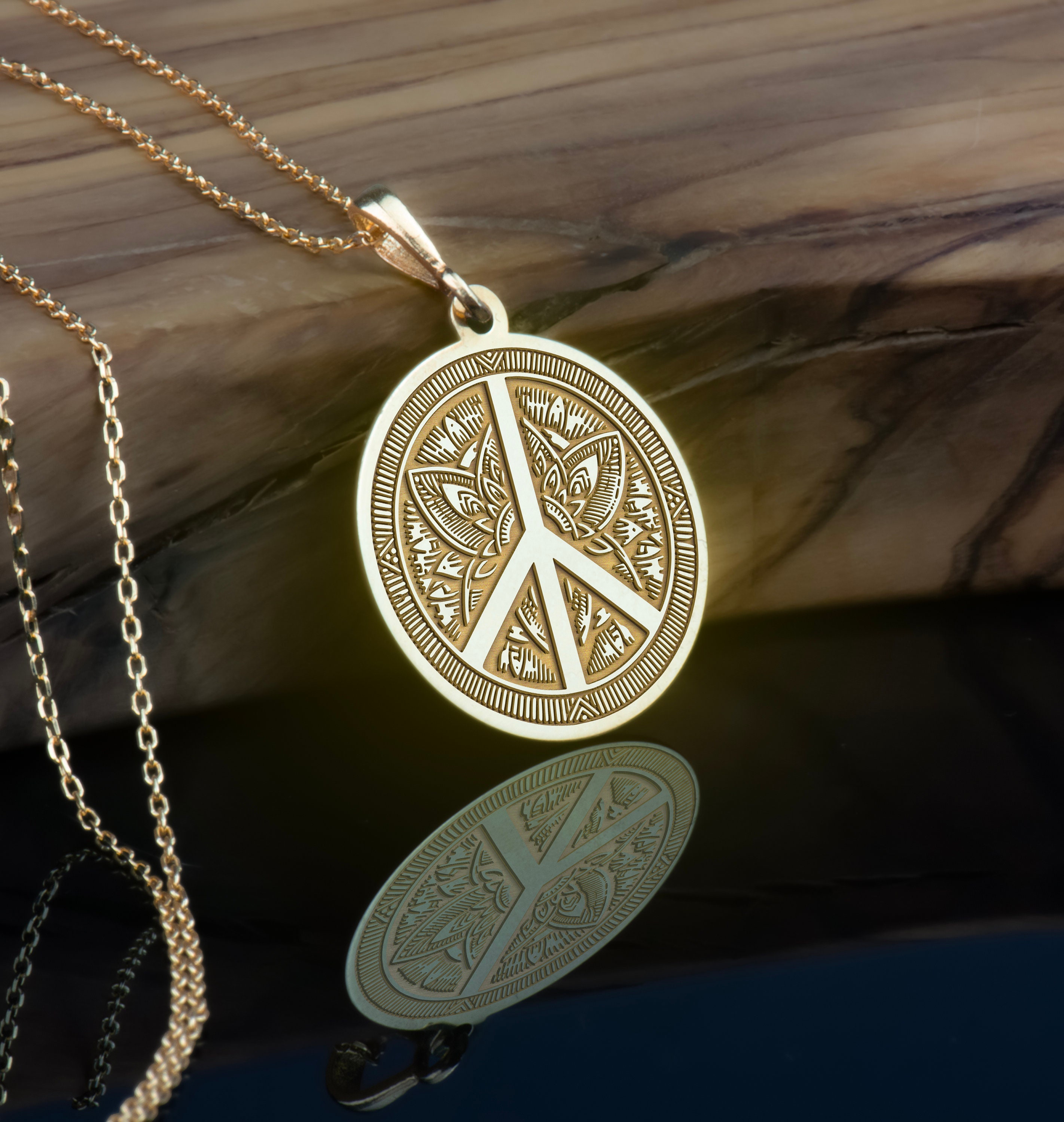 14K Solid Gold Peace Sign Necklace, Personalized Peace Pendant, Dainty ...