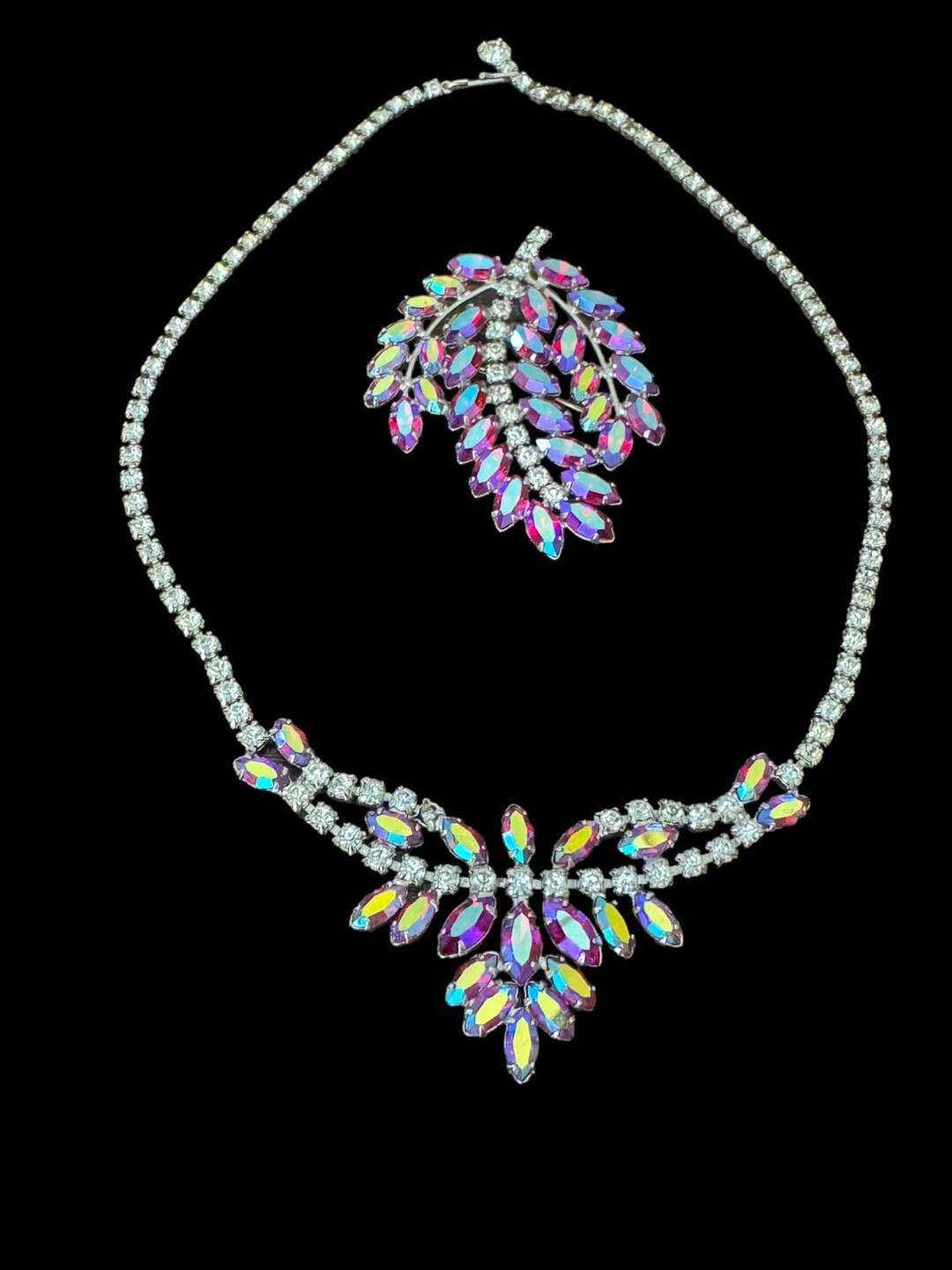 Vintage B. David Necklace and Brooch Red Rhinestone Aurora Borealis - Etsy