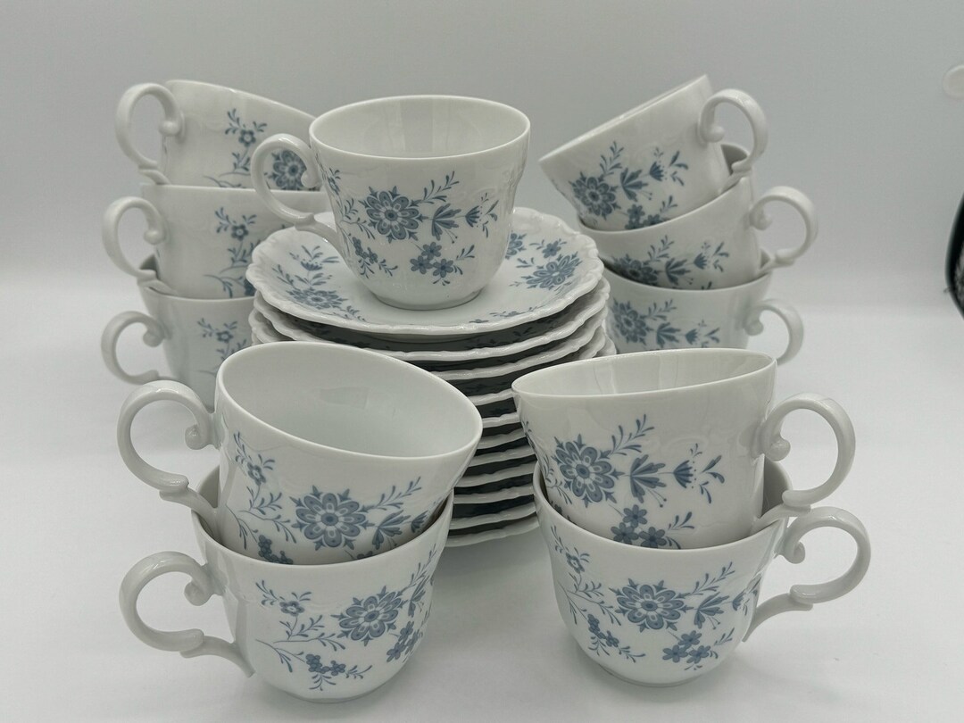 Set of 11 Vintage Bavarian Porcelain Tea Cup and Saucer Germany Blue ...