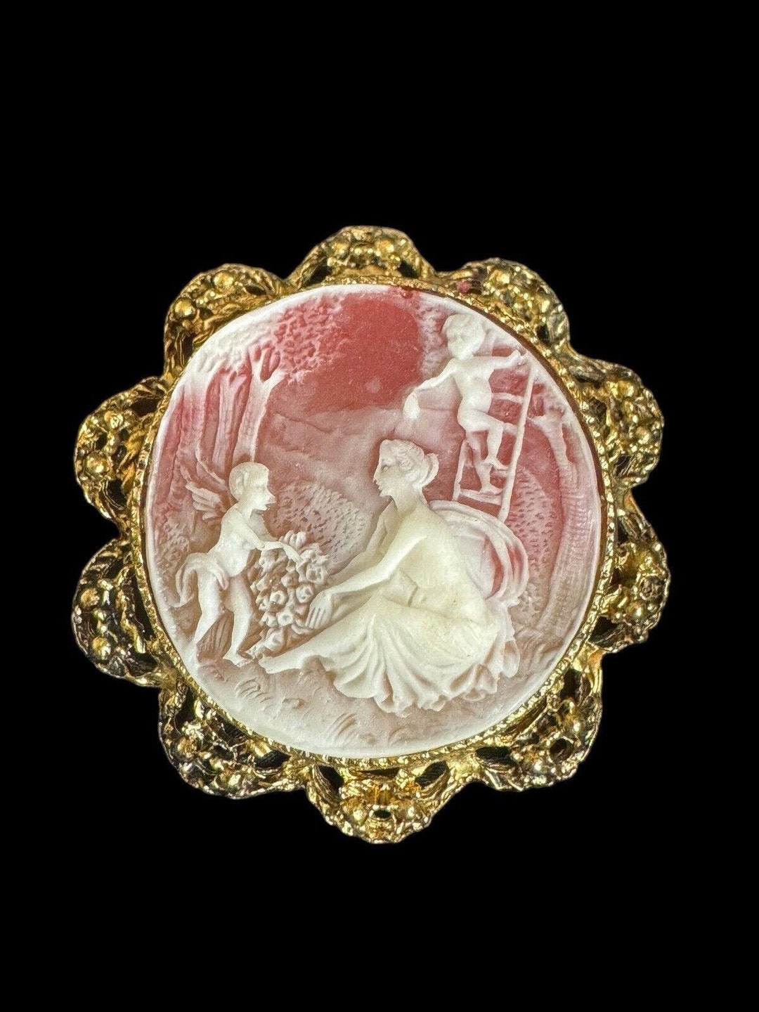 Vintage Brooch Rose Color Cameo Relief Resin Lady Cherubs Pin 2" Psyche ...