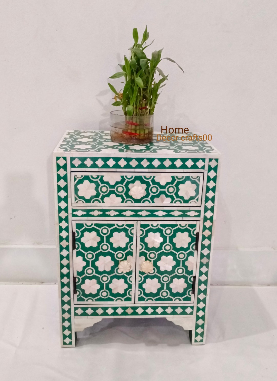 Handmade Bone Inlay 1 Drawer 2 Doors Bed Side Table, Bone Inlay Side ...