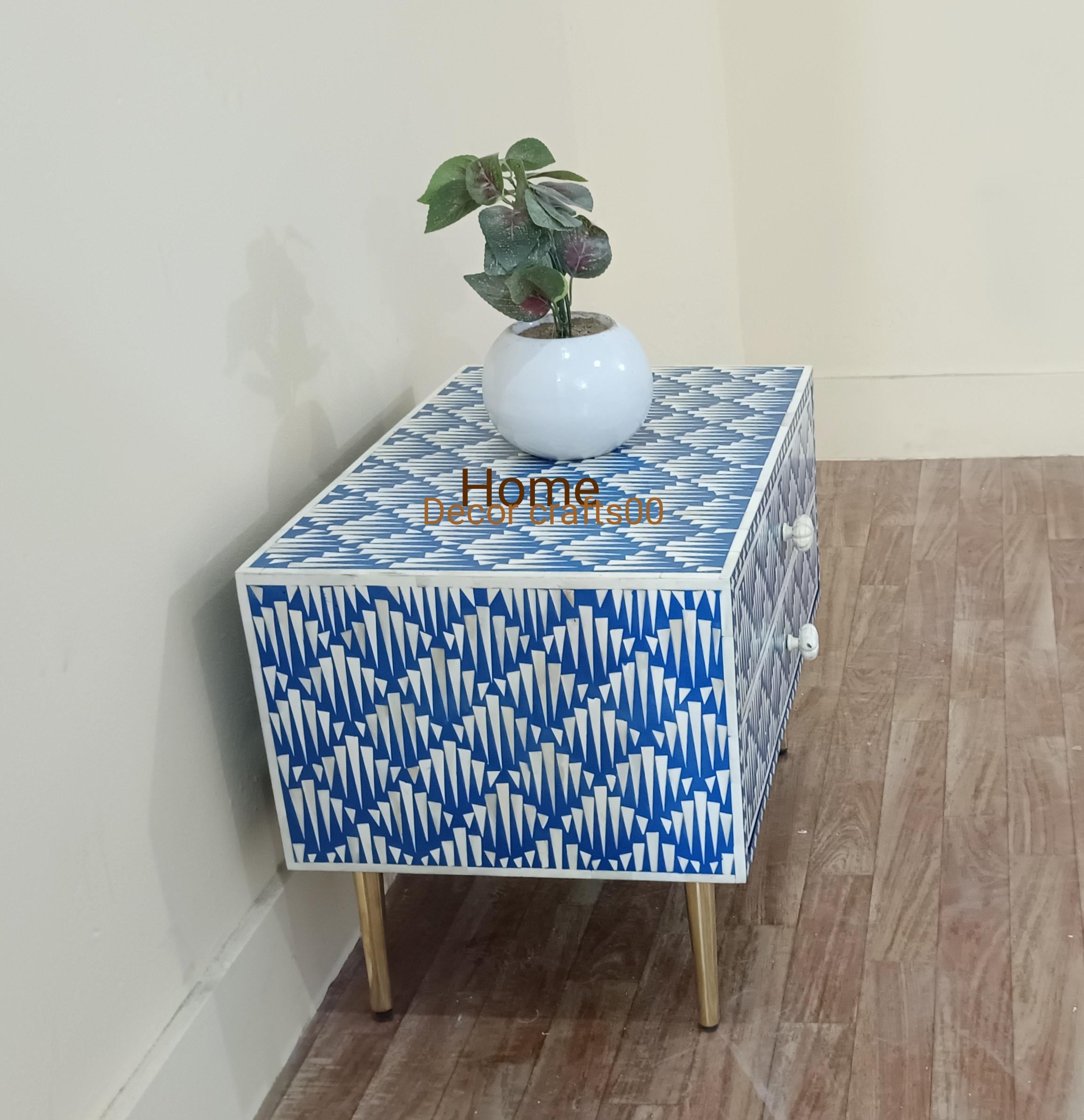 New Indian Handmade Bone Inlay 2 Drawer Bedside, Living Room Bed Side ...