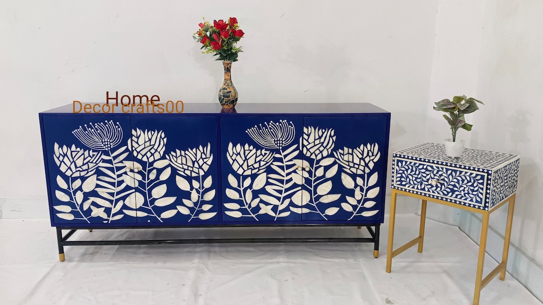 New Handmade Bone Inlay 4 Doors Cabinet, and 1 Drawer Side Table, Bone ...