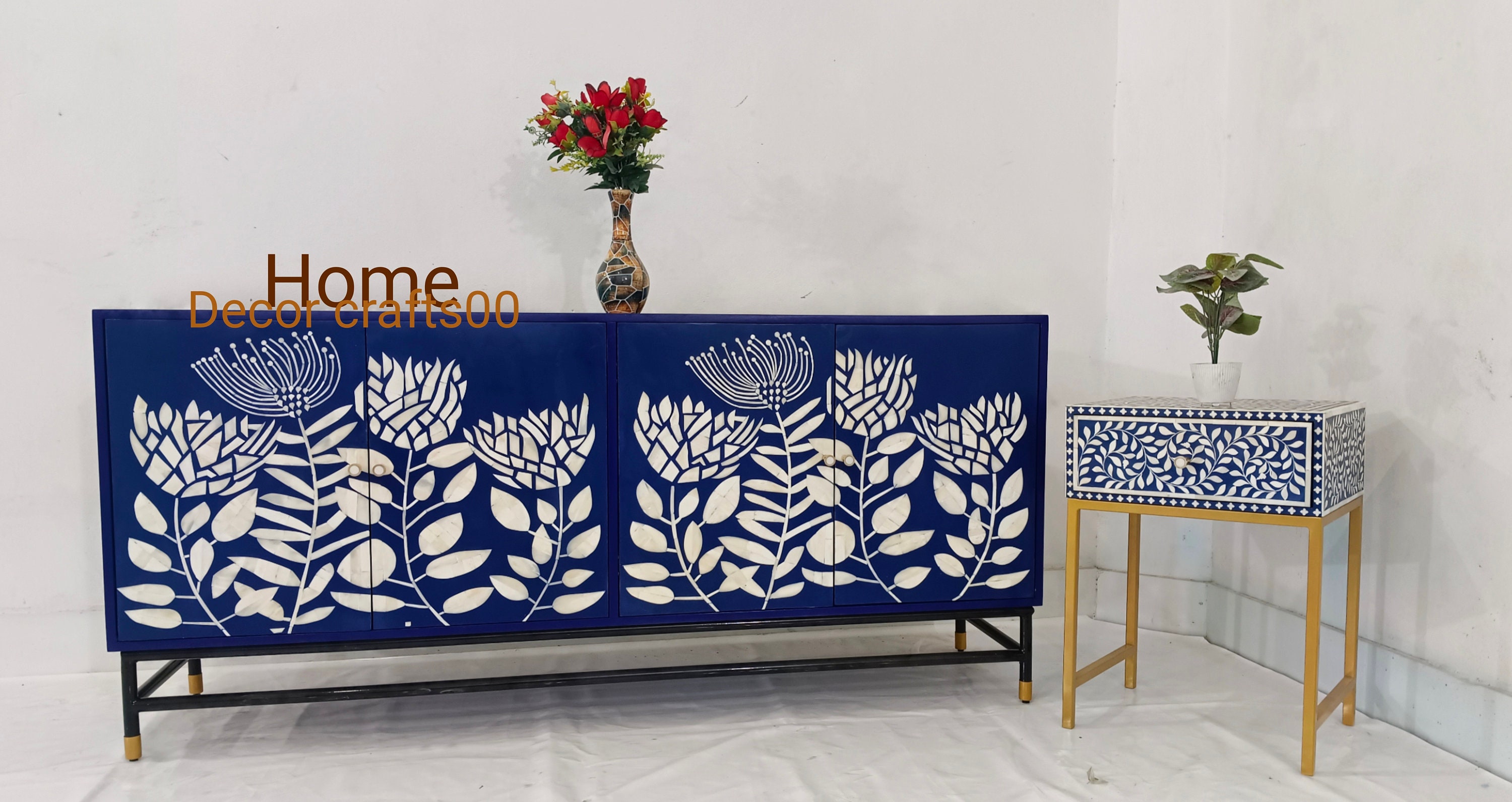 New Handmade Bone Inlay 4 Doors Cabinet, and 1 Drawer Side Table, Bone ...