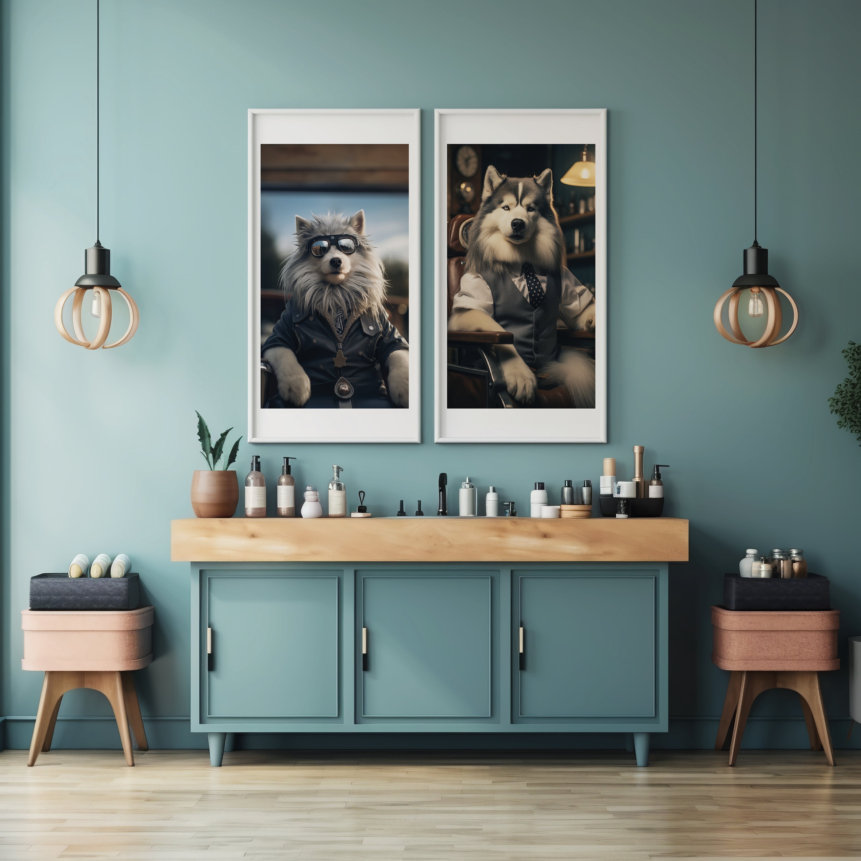 Beautiful Dogs in Barber Shop, Wall Art, Pet Grooming Salon, Before and ...