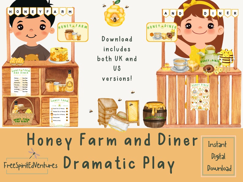 Printable Dramatic Play Honey Farm and Diner Kit, Pretend Play ...