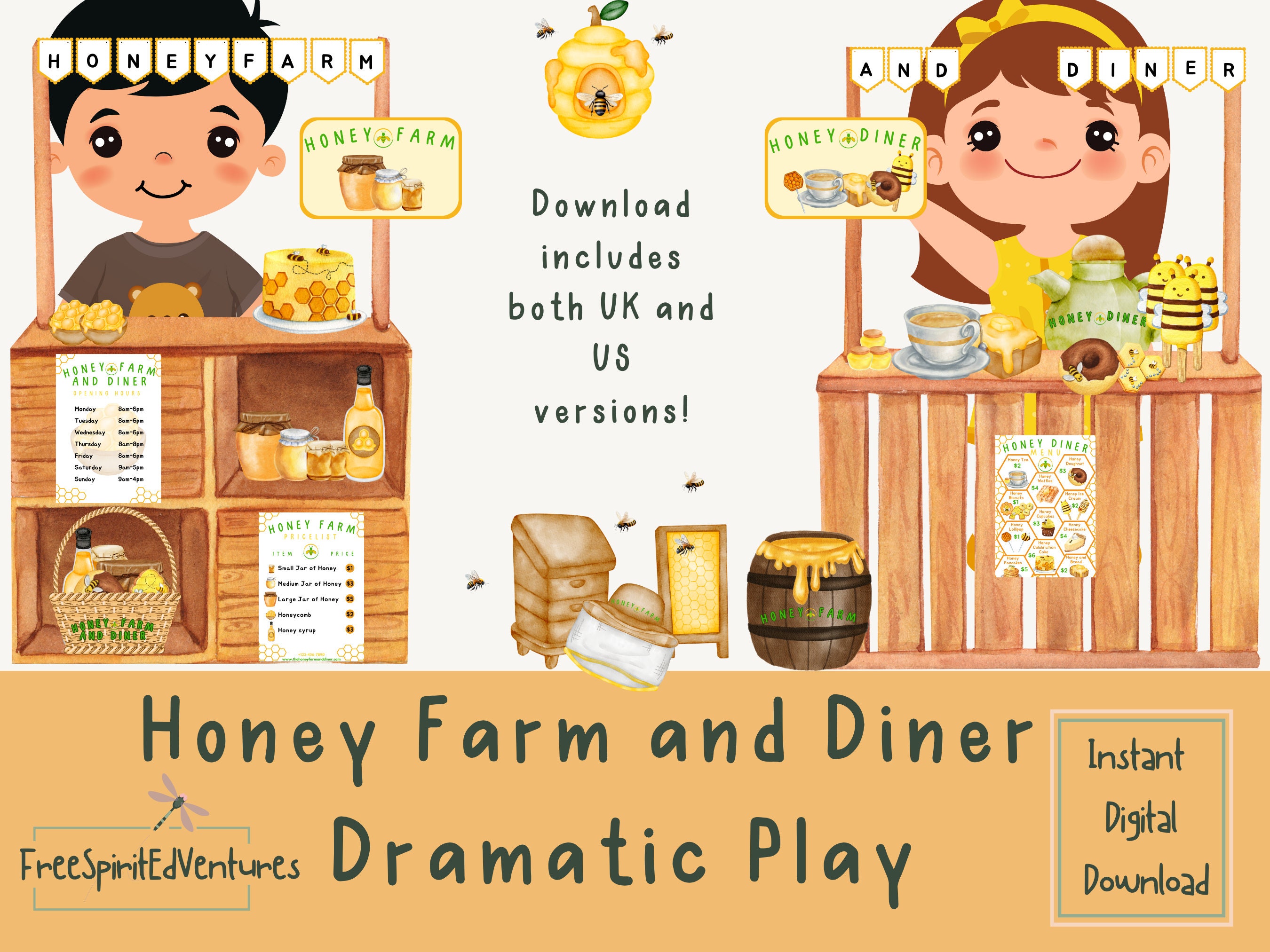 Printable Dramatic Play Honey Farm and Diner Kit, Pretend Play ...