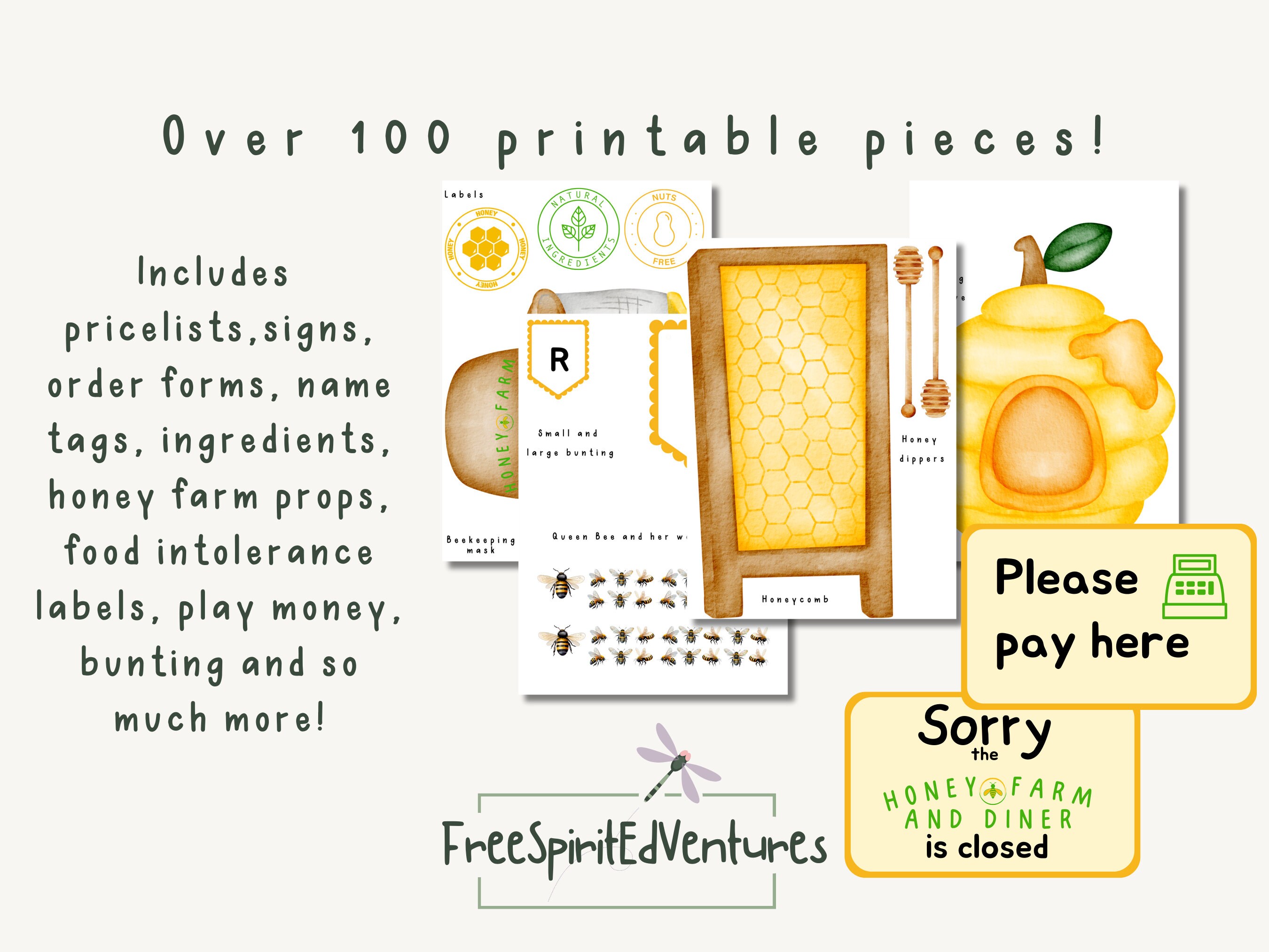 Printable Dramatic Play Honey Farm and Diner Kit, Pretend Play ...