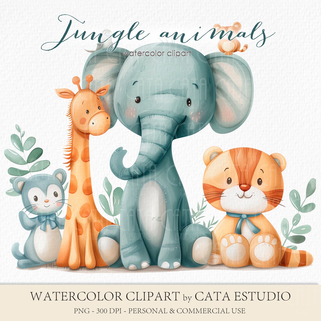 Jungle Animals Watercolor Illustration Clipart, Illustration, Nursery ...