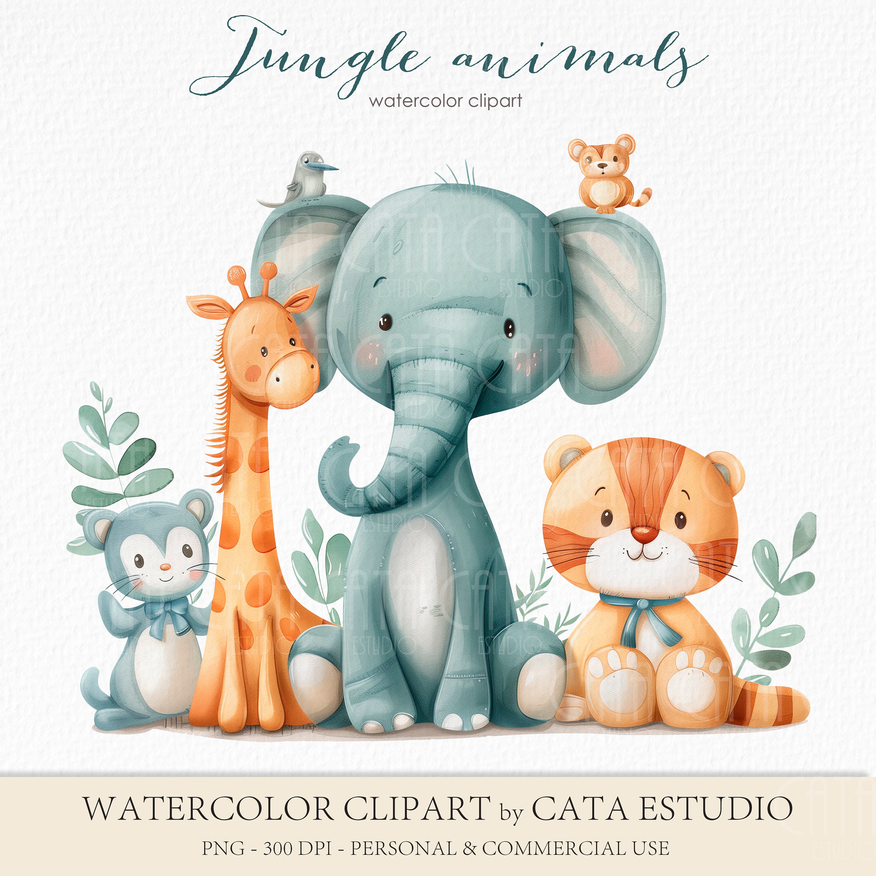 Jungle Animals Watercolor Illustration Clipart, Illustration, Nursery ...