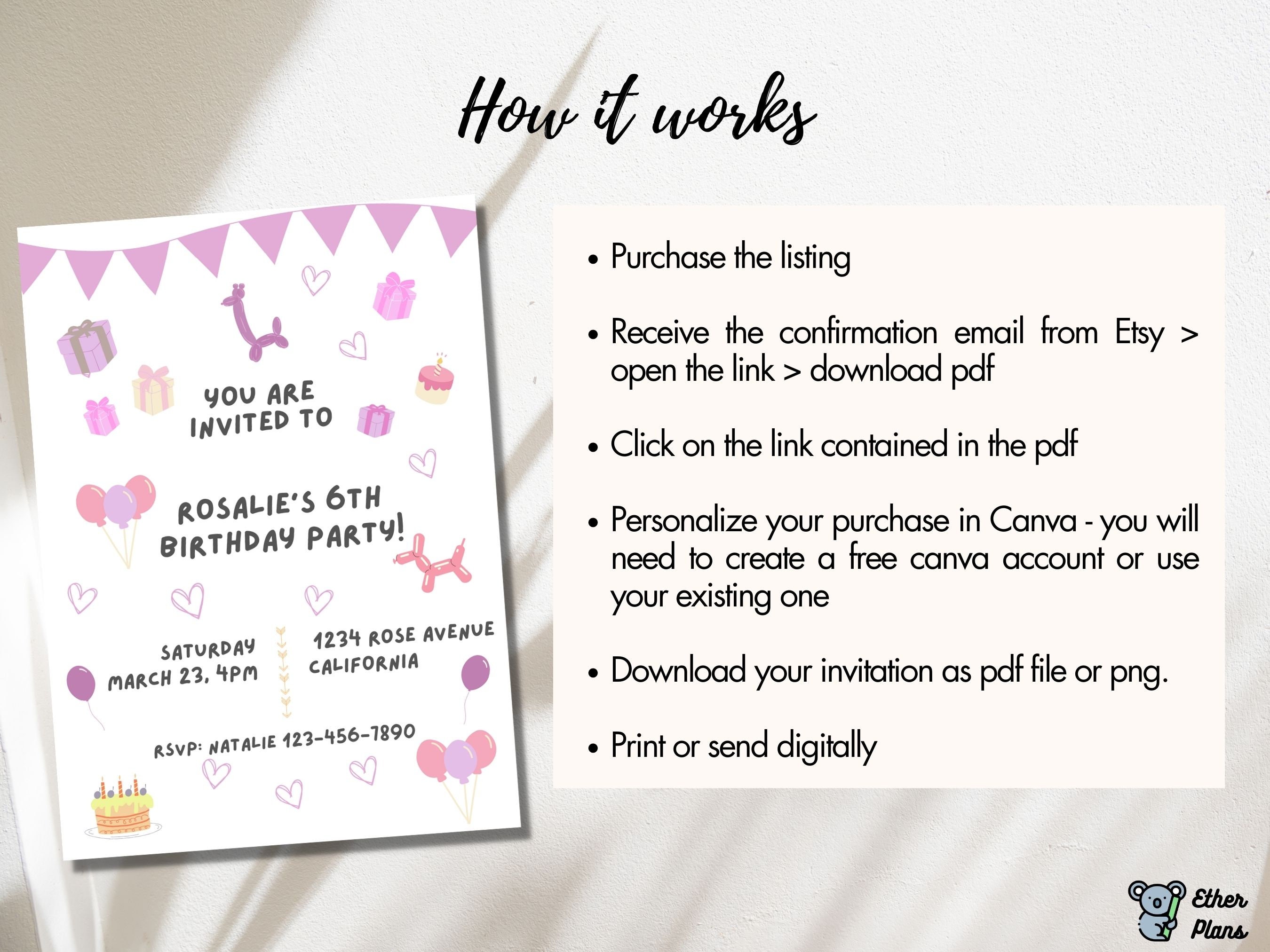 Pink Purple Birthday Party Invitation Canva Editable Template - Etsy
